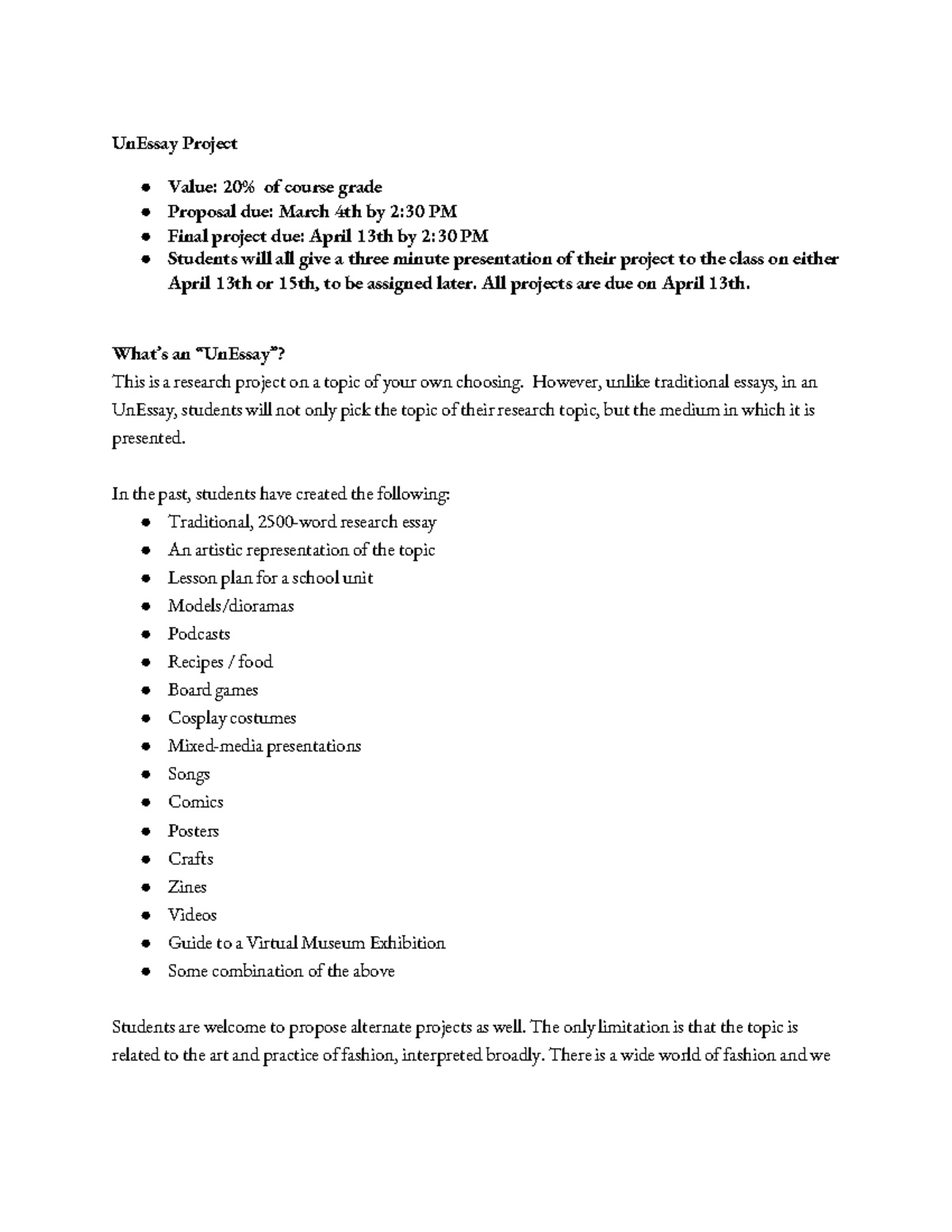 Un Essay Project - **UnEssay Project ** ** Value: 20% of course grade ...