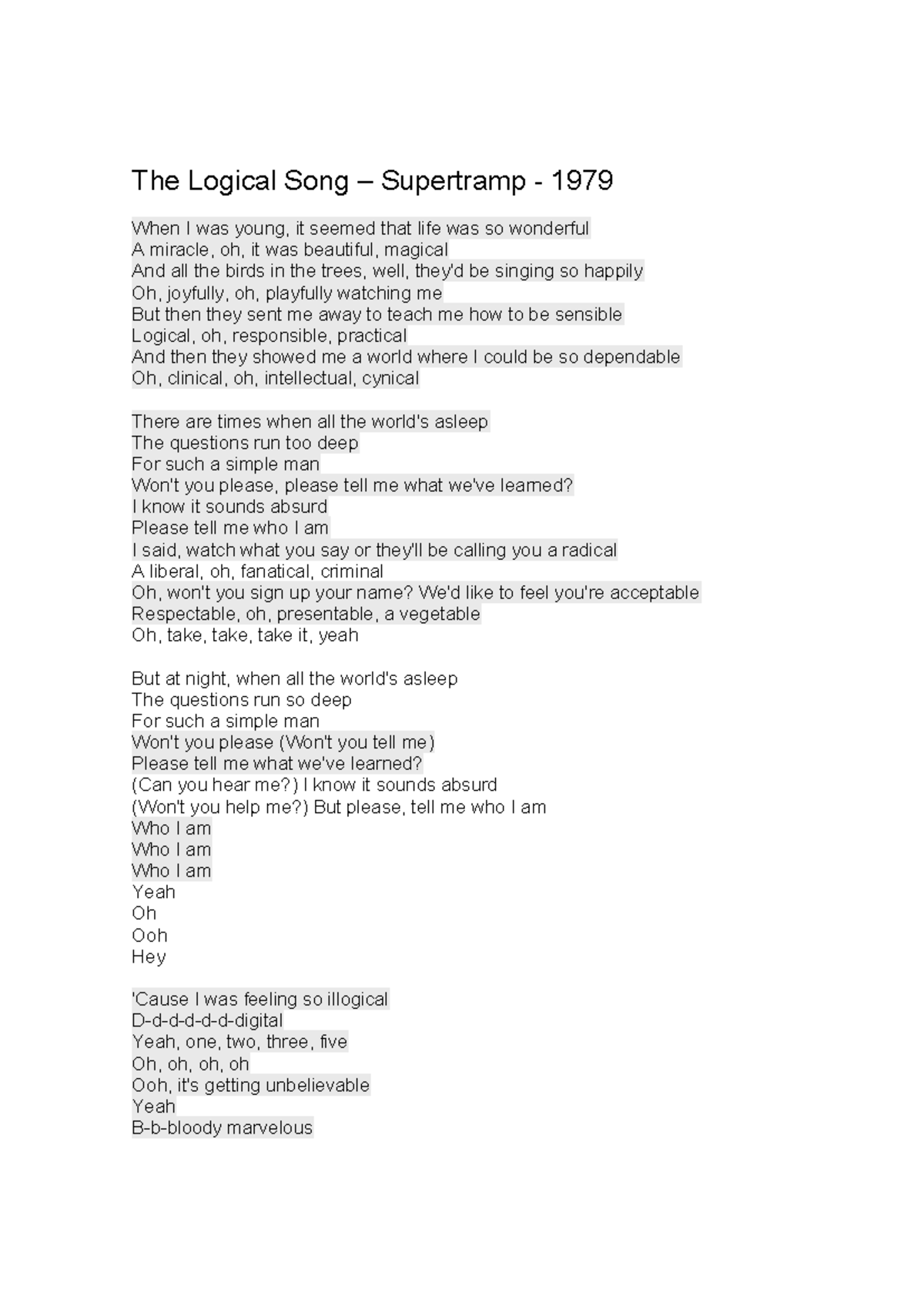 The Logical Song Studocu