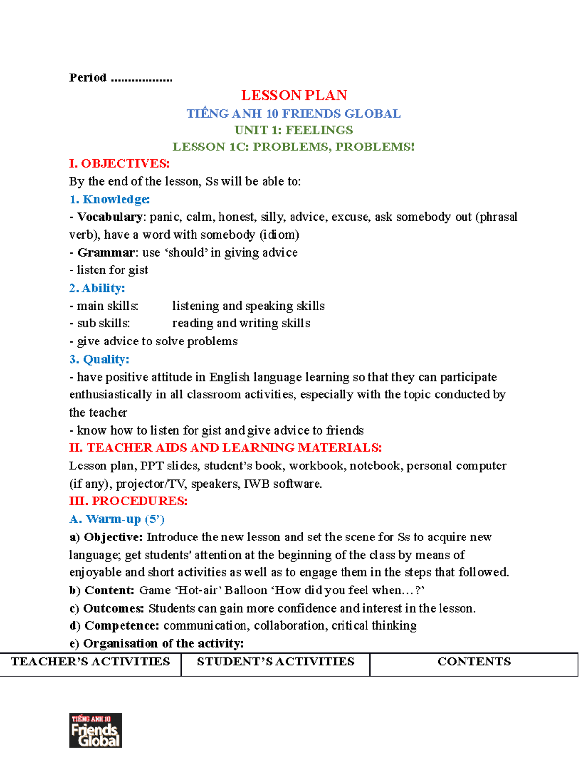 Lessonplan-1C - DSDSDSDSD - Period .................. LESSON PLAN TIẾNG ...