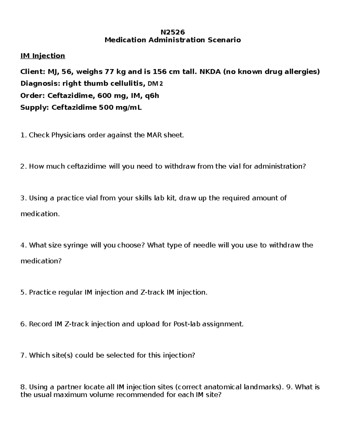 N2526 IM SQ Scenario - Complete during lab. - N Medication ...