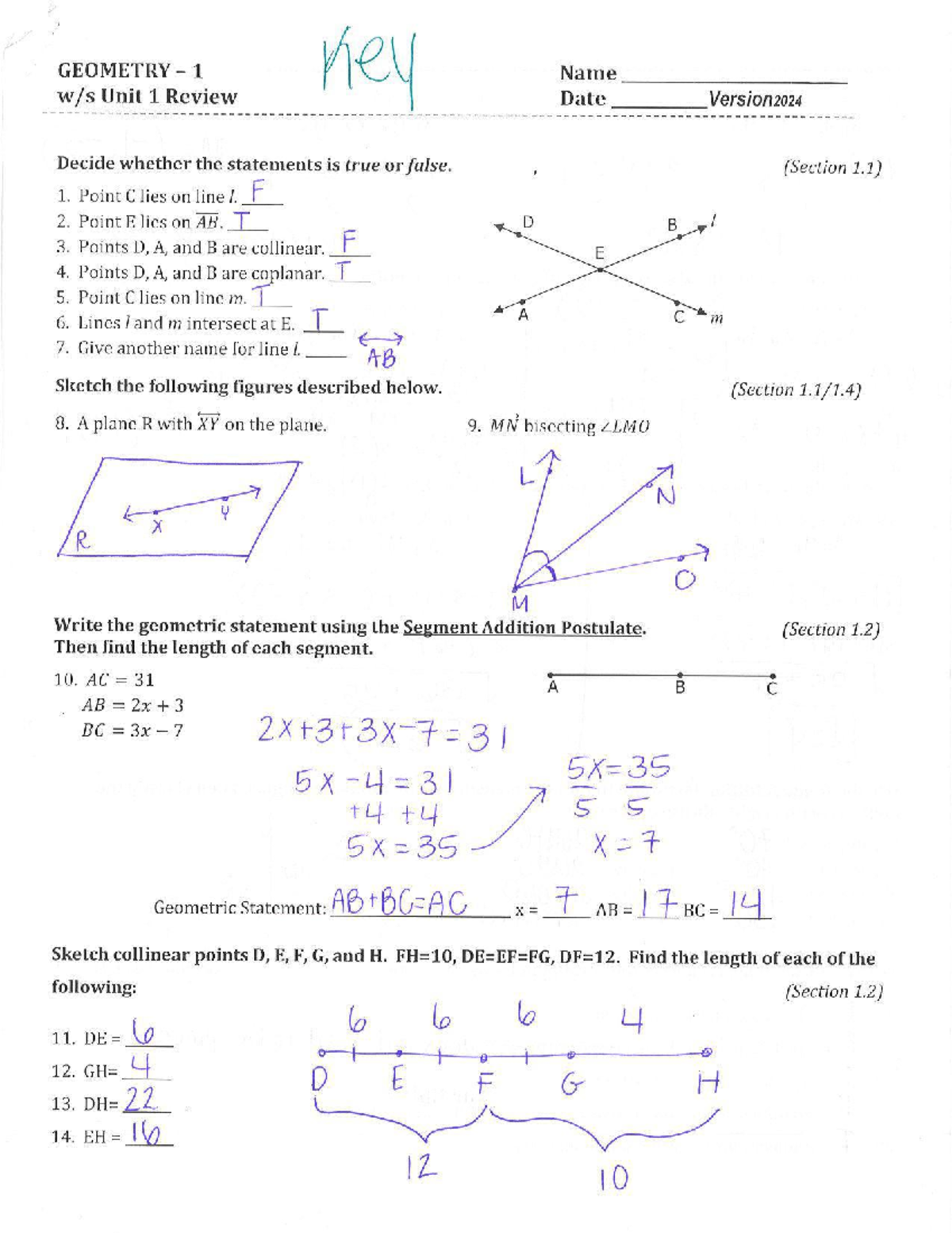 Unit Test 1 Review KEY - GEOMETRY- w/s Unit 1 Review [ame Date Version ...