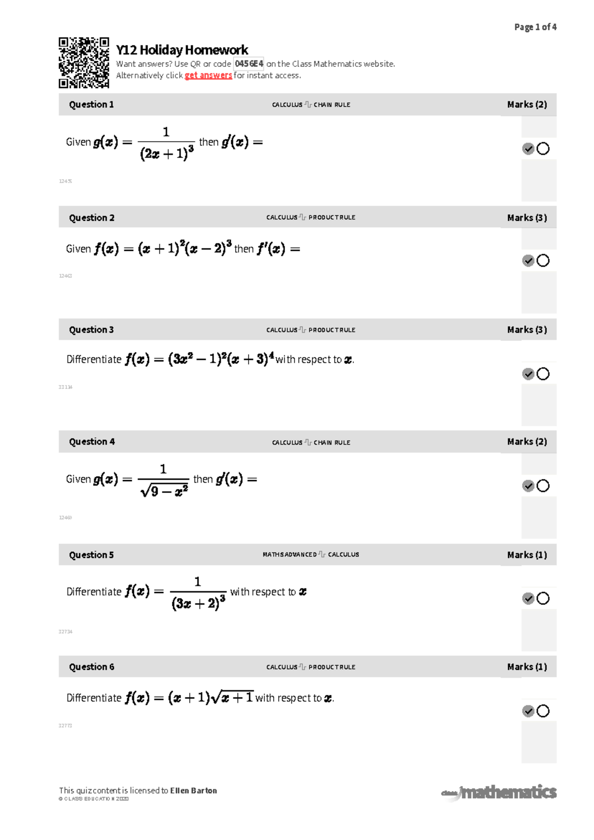Y12 Holiday Homework All - Y12 Holiday Homework Question 1 CALCULUS ...