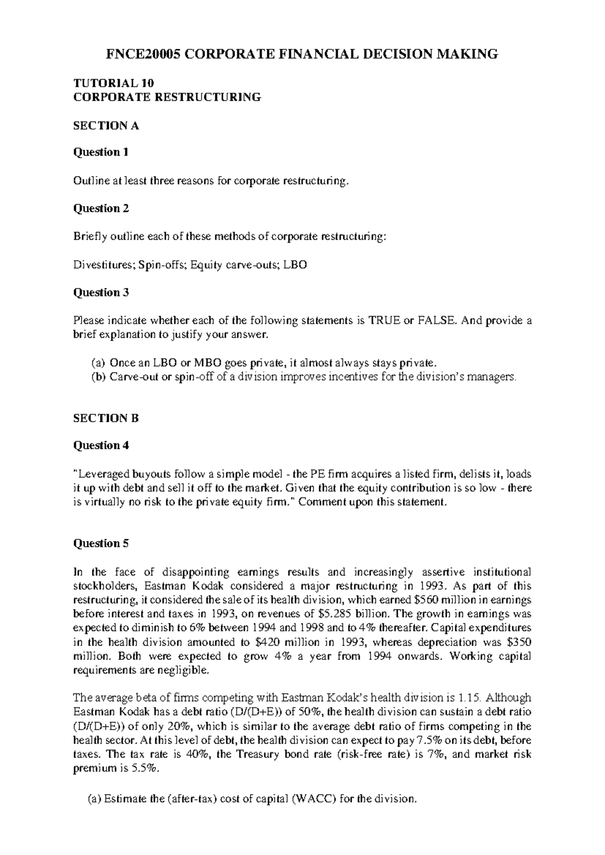 Tute 10 2021 - Tutorial 10 questions - FNCE20005 CORPORATE FINANCIAL ...