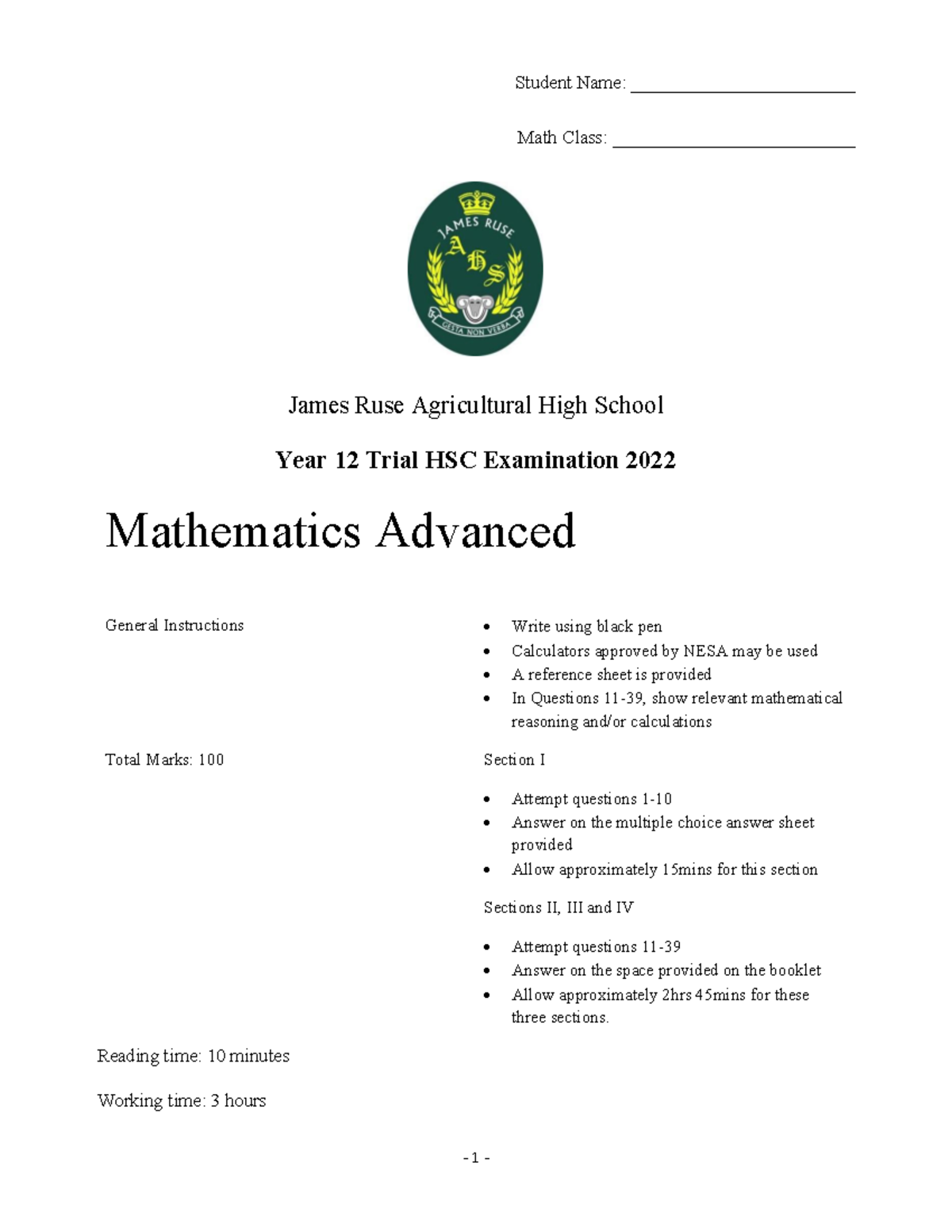 James Ruse 2022 Mathematics Advanced Solutions - Student Name ...