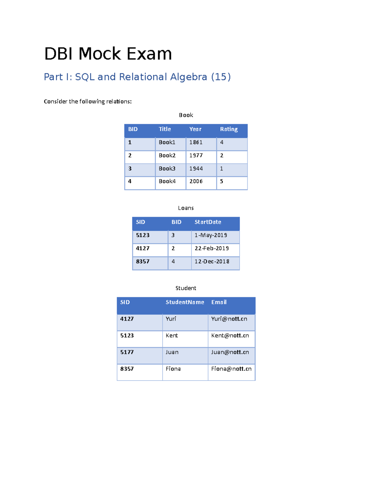 Sample/practice exam May 2019, questions and answers - DBI Mock Exam Part I: SQL and Relational ...