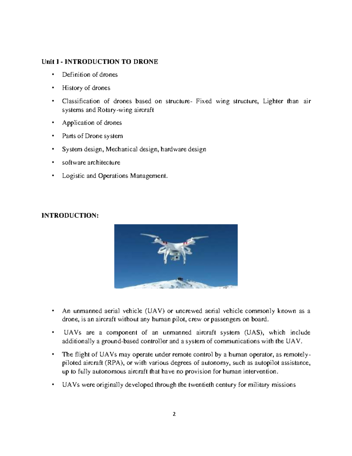 Introduction TO Drone - Unit I - INTRODUCTION TO DRONE Definition of ...