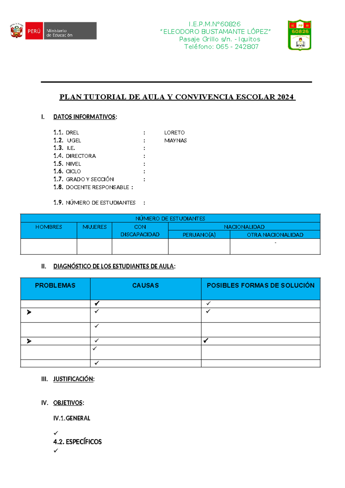 1.- Esquema PLAN Tutorial DE AULA Y Convivencia- Primaria- Formato - “ELEODORO BUSTAMANTE LÓPEZ ...