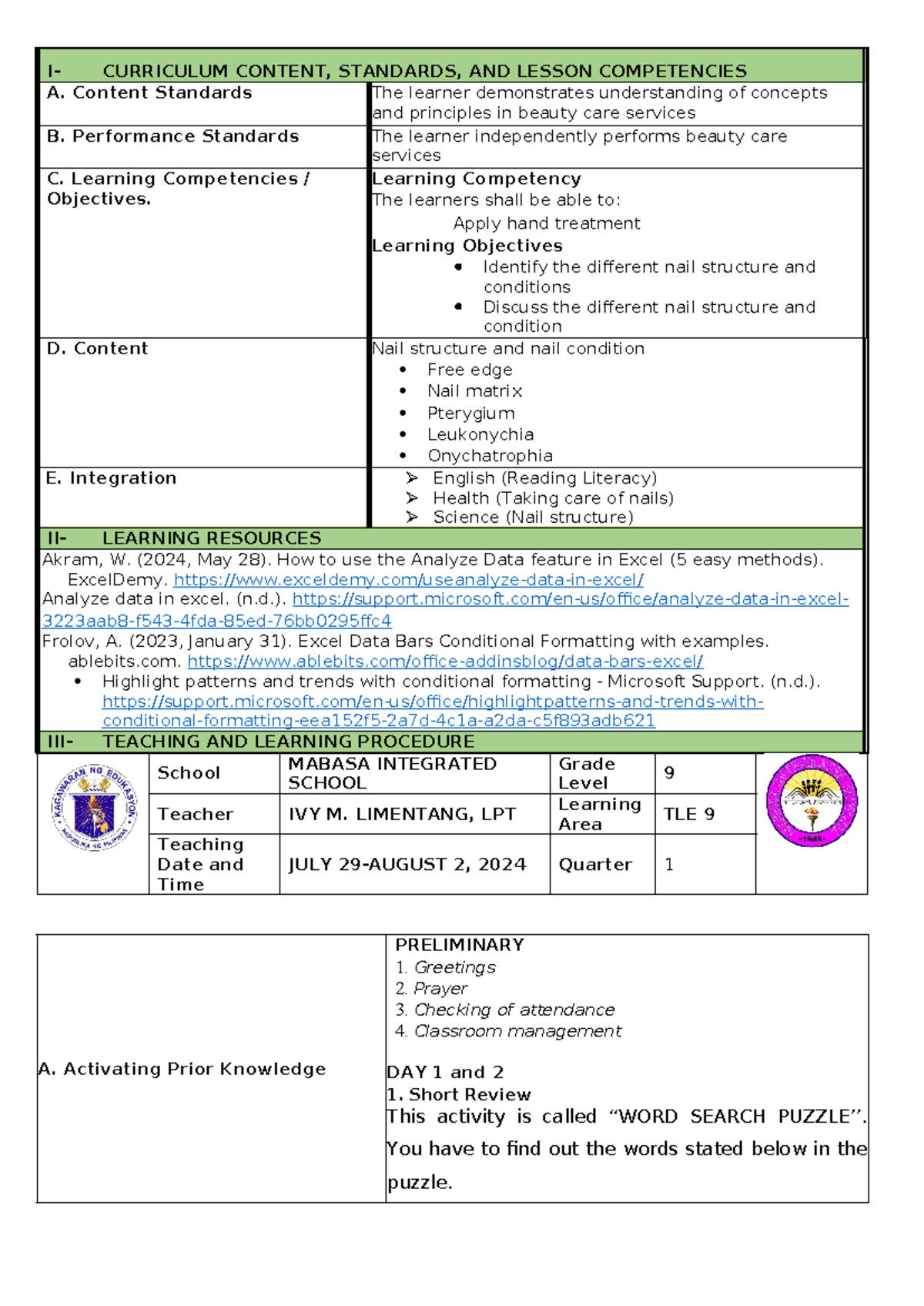 TLE 9 DLP 1 WEEK 1 - IT IS A LESSON PLAN IN TLE 9 - I- CURRICULUM ...