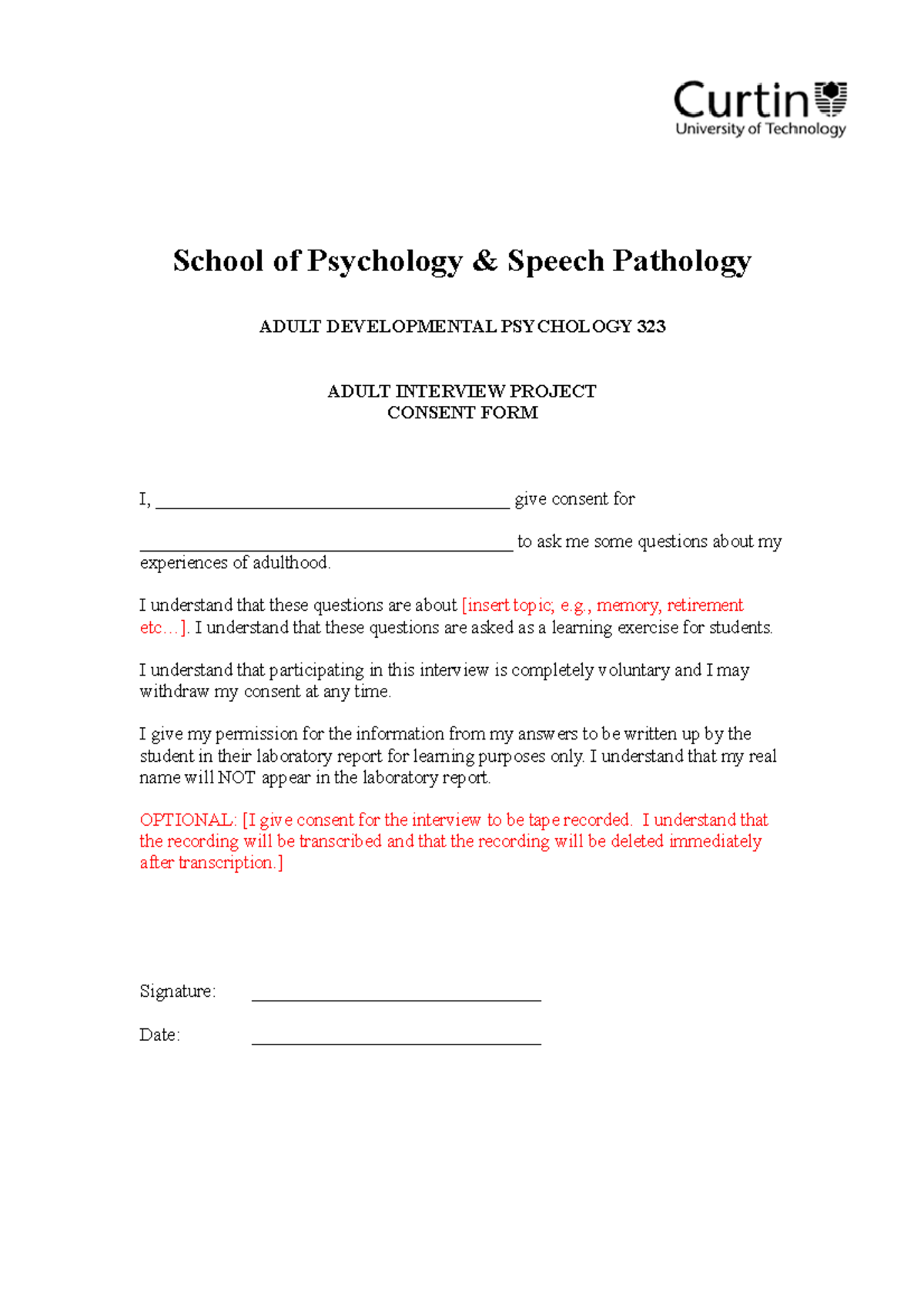 Adult Consent Form (2014 template) - School of Psychology & Speech ...