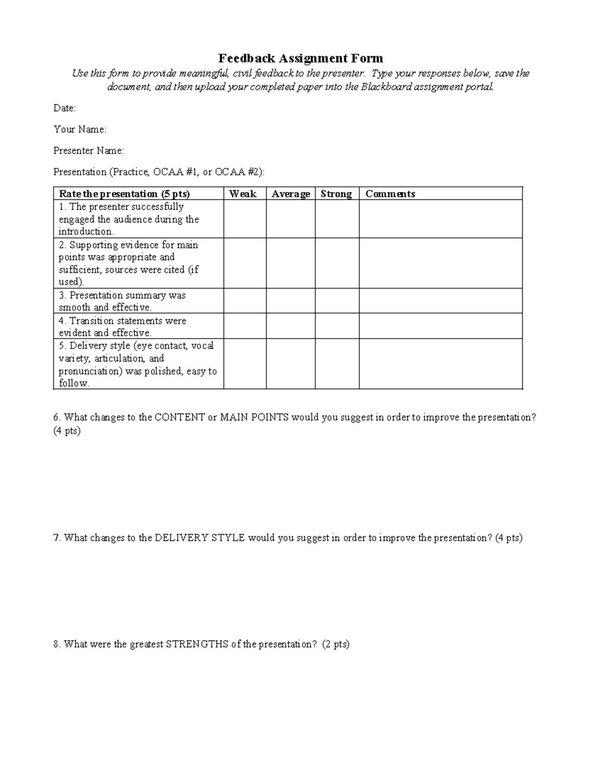 Feedback Assignment Form - Type your responses below, save the document ...