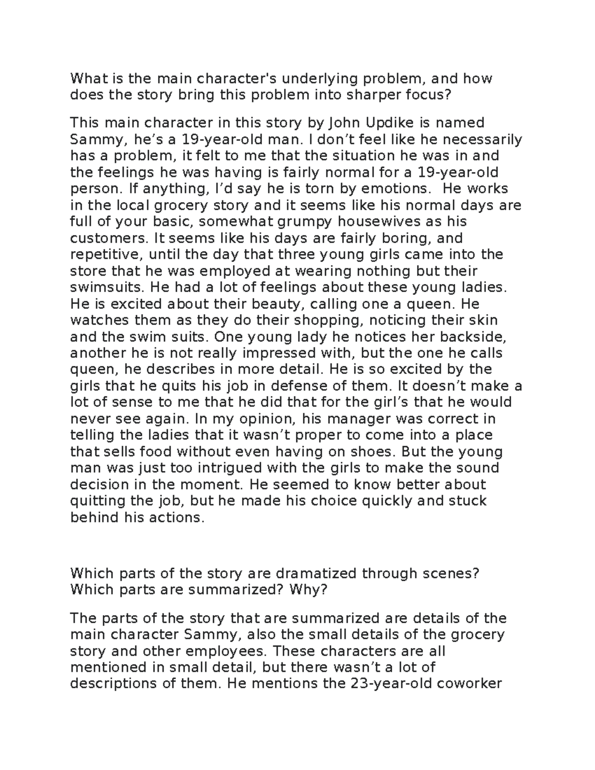 John Updike SW - What is the main character's underlying problem, and ...