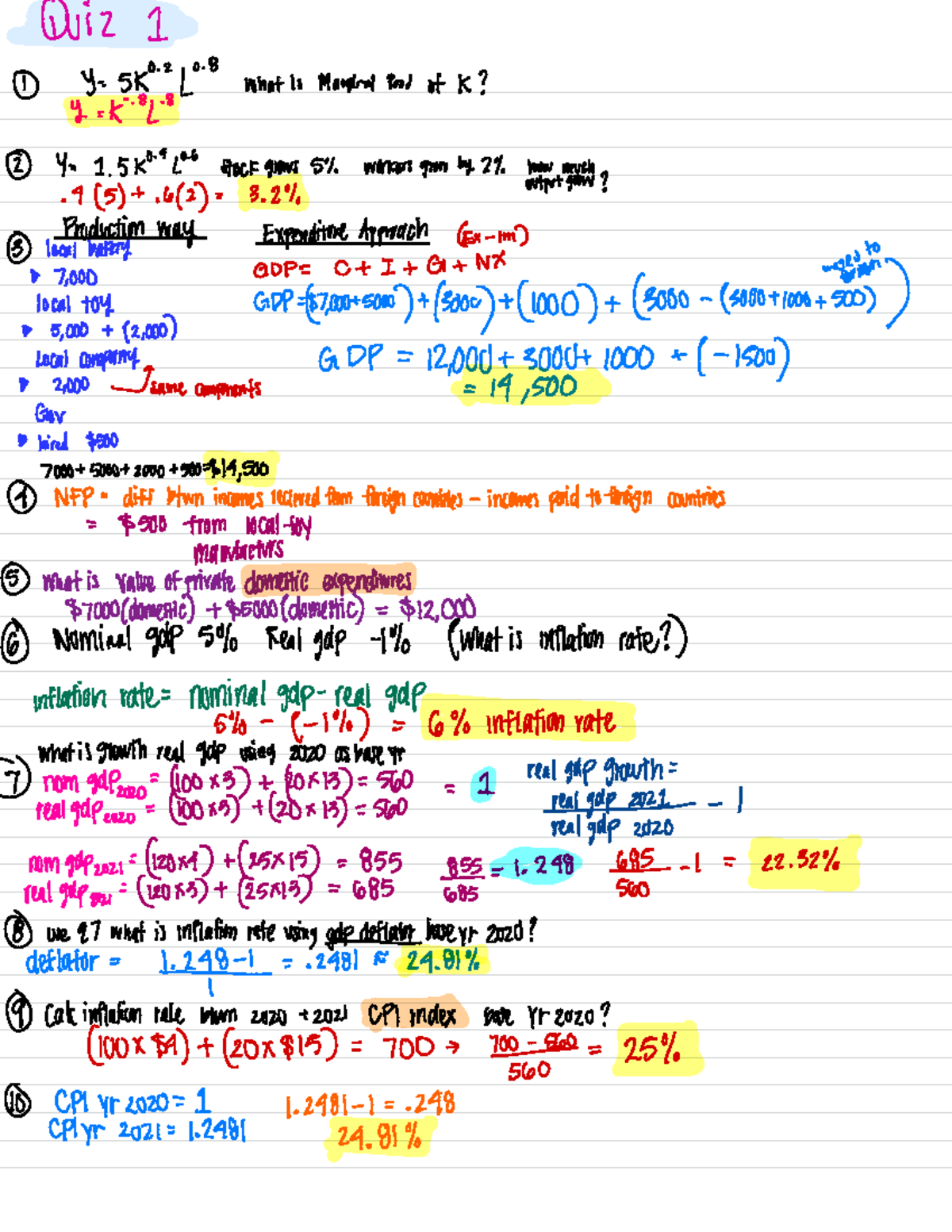 Econ notes - Quiz 1 d Y=5K° " L " 6 what is Marginal Pood of ####### k ...