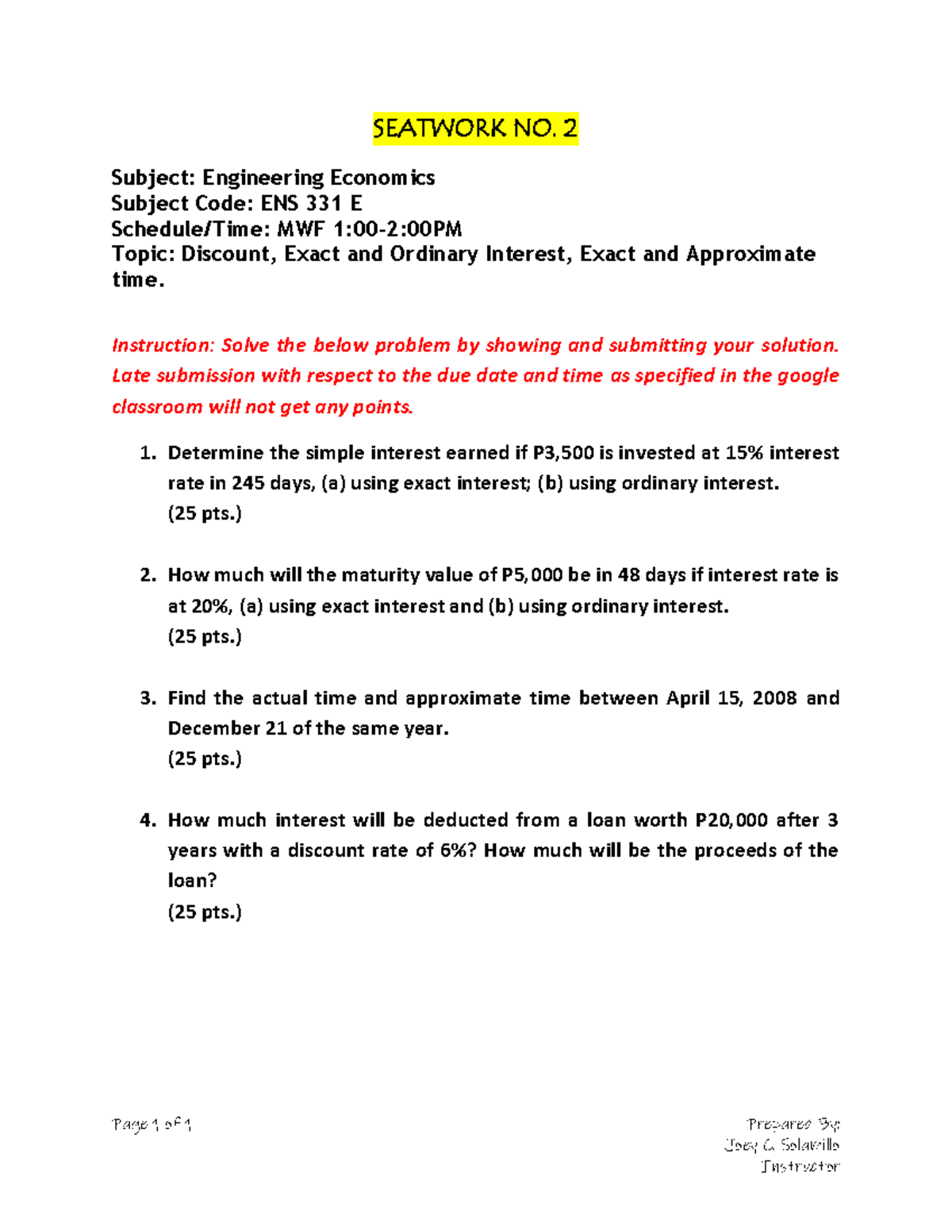 [Template] Seatwork No. 2 - Page 1 of 1 Prepared By: Joey C. Solamillo ...