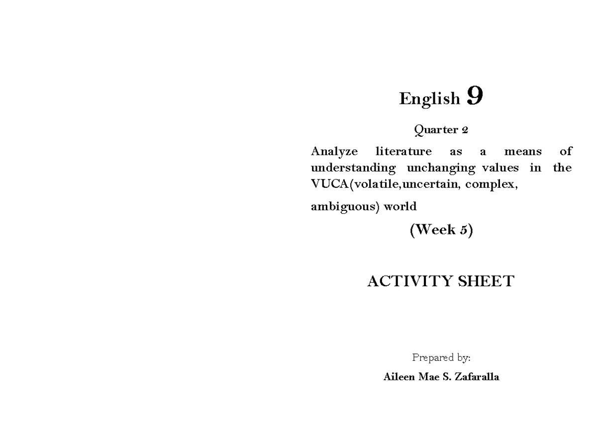 English 9 week 5 acitivity sheet - English 9 Quarter 2 Analyze ...