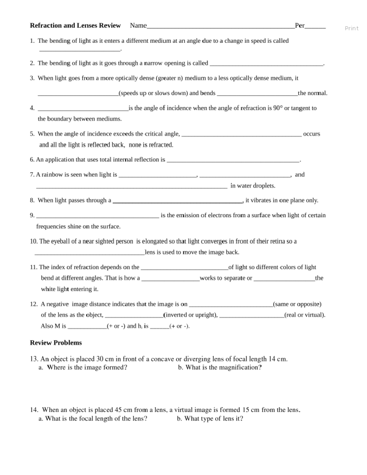 WS - Review - revised Refraction and Lenses - no color.doc Schoology ...