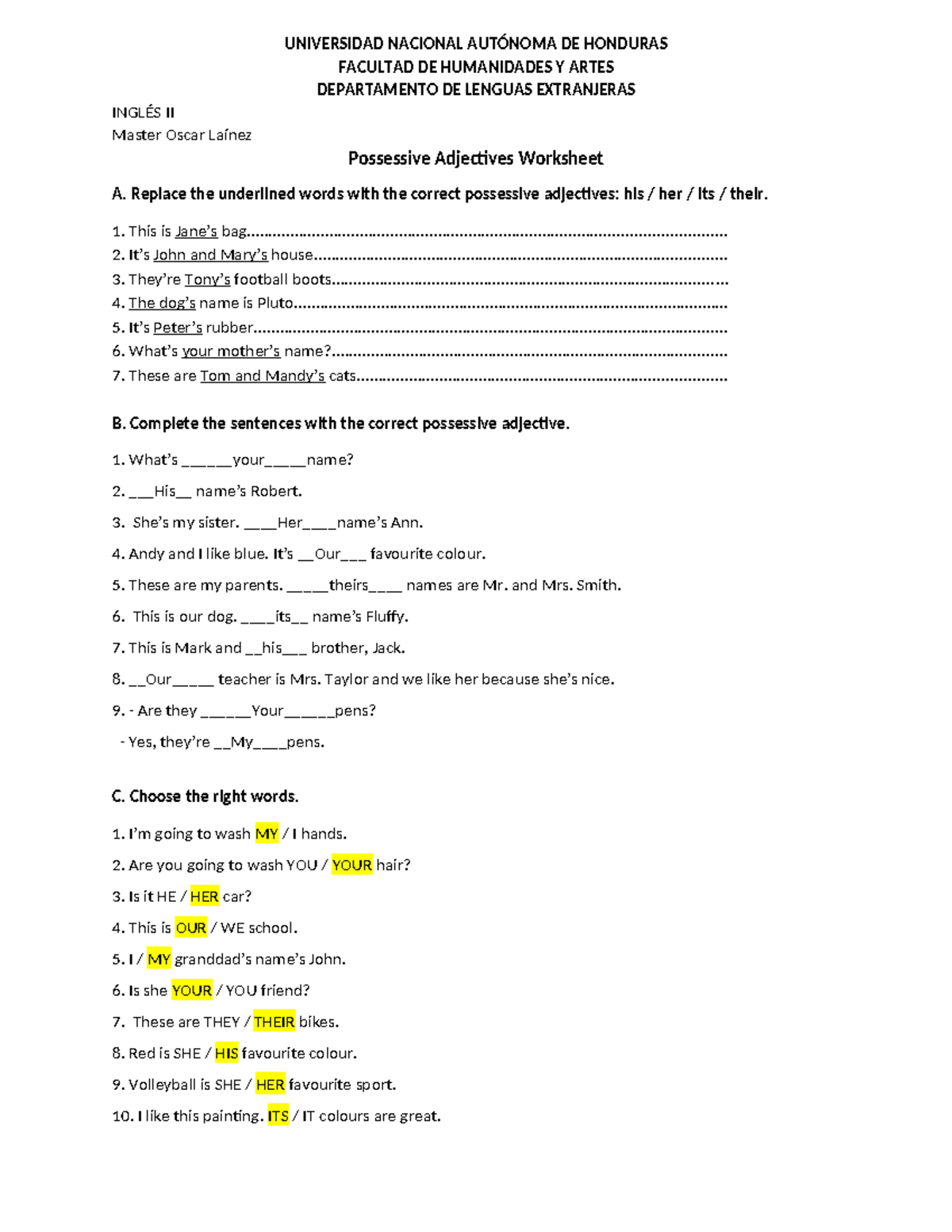 Possessive Adjectives Worksheet - UNIVERSIDAD NACIONAL AUTÓNOMA DE ...