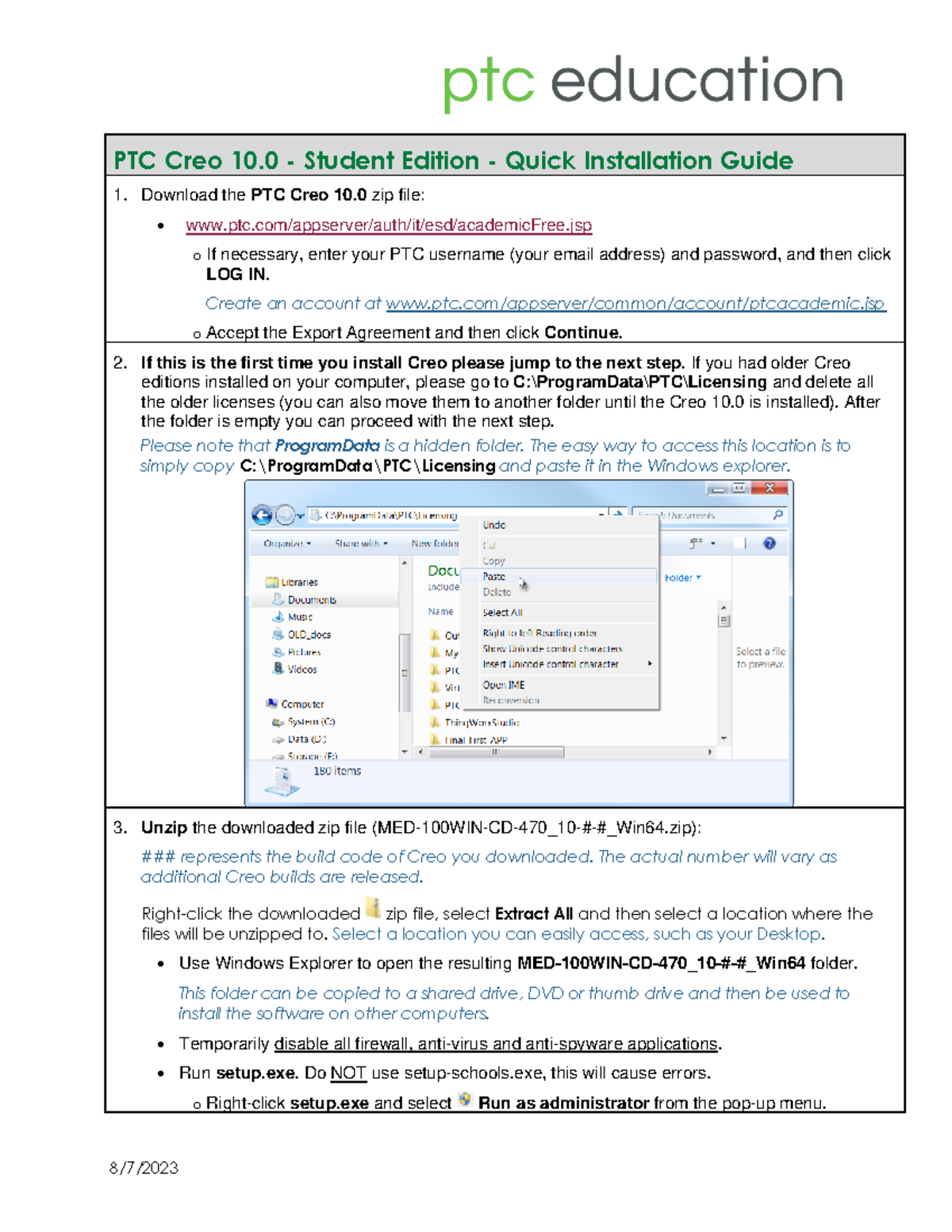 Install creo10 unistudent standard - 8/7/ PTC Creo 10 .0 - Student Edition - Quick Installation ...