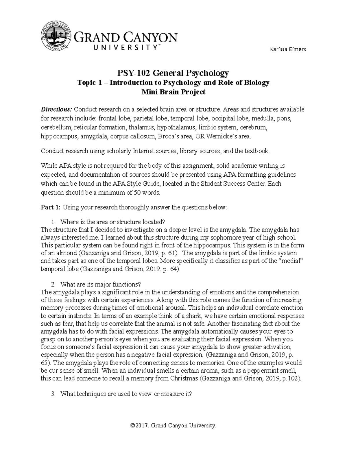 PSY 102 RS Mini Brain Project - PSY-102 General Psychology Topic 1 ...
