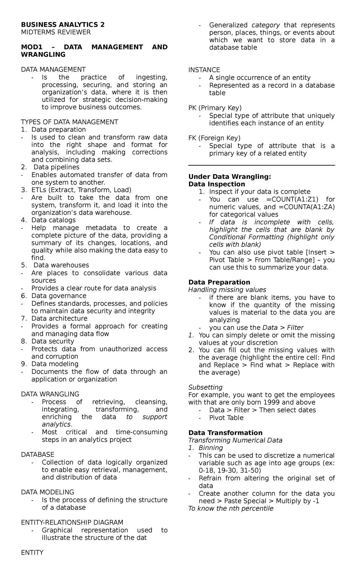 Midterms Reviewer - BUSINESS ANALYTICS 2 MIDTERMS REVIEWER MOD1 – DATA ...