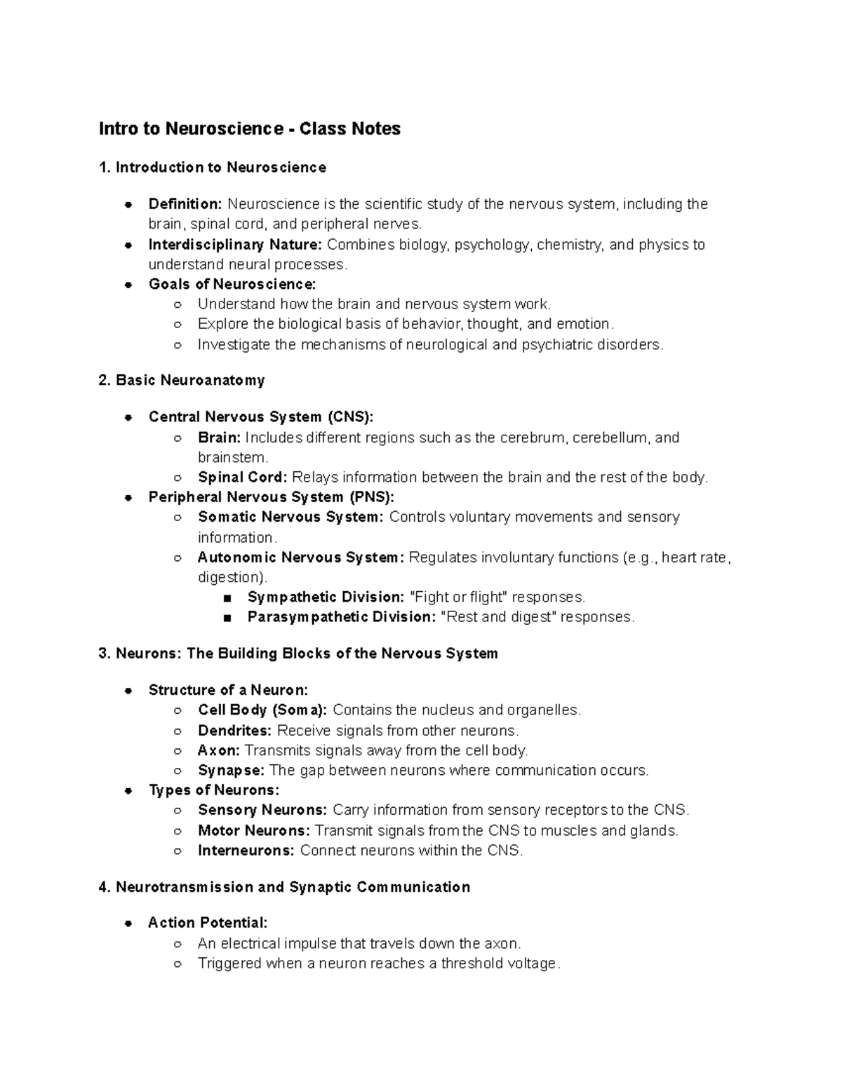 Neuro Intro Lecture Notes Intro To Neuroscience Class Notes Introduction To Neuroscience