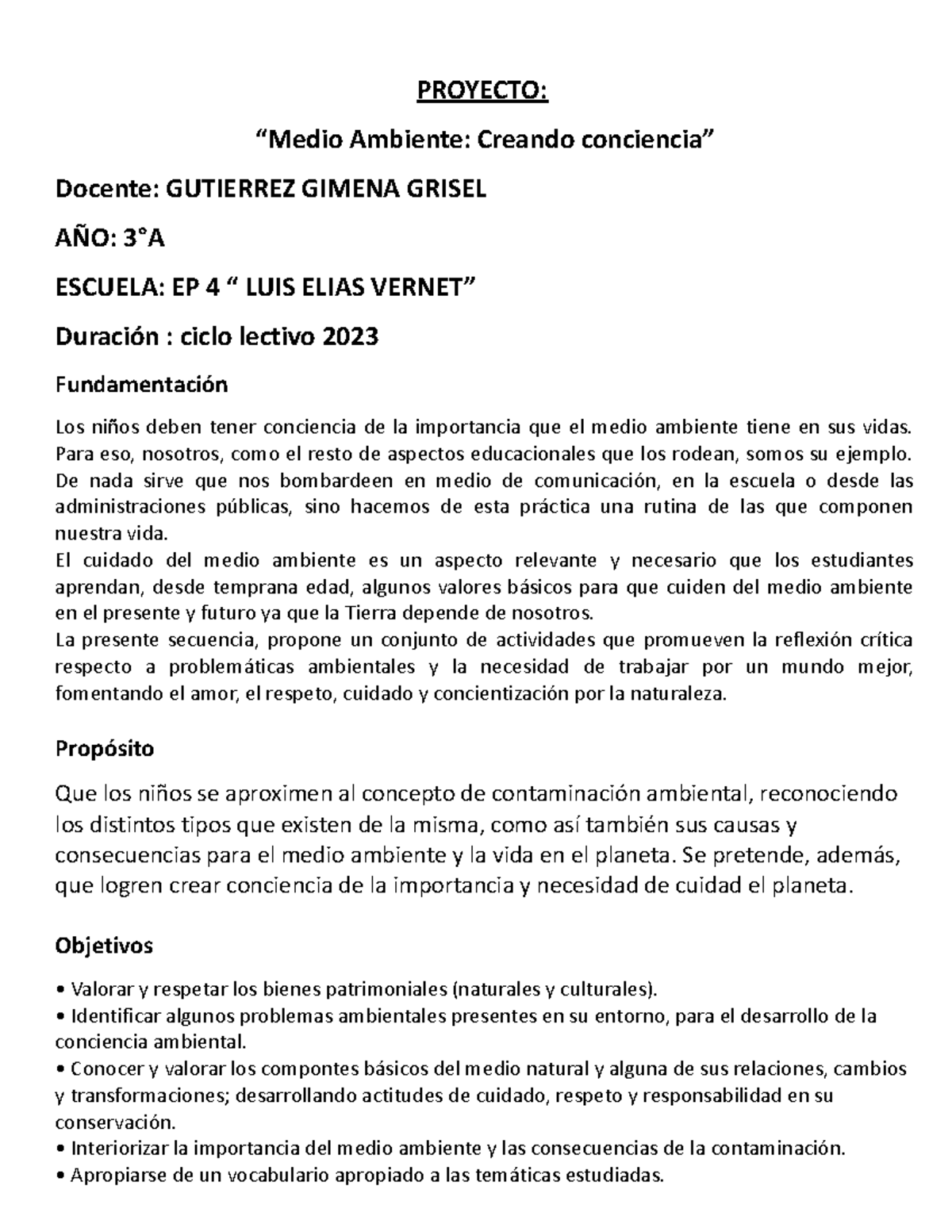Proyecto Medio Ambiente - PROYECTO: “Medio Ambiente: Creando conciencia ...