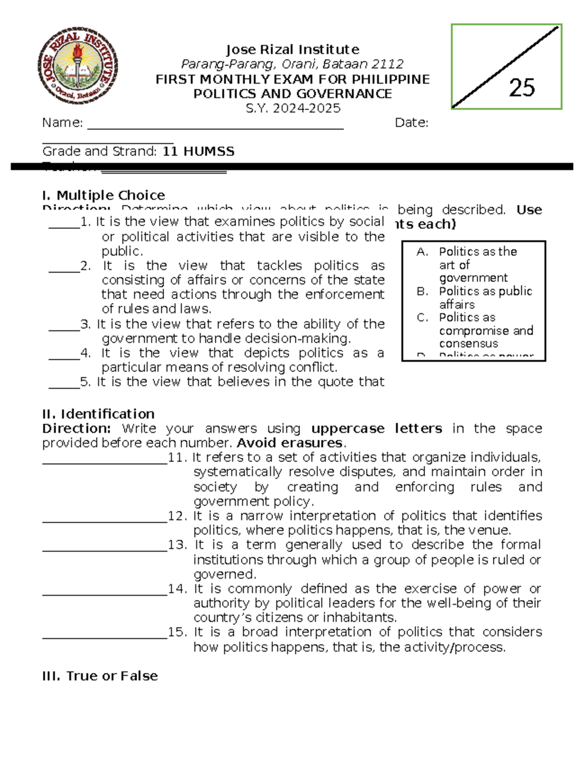 1st quarter monthly exam 24 25 - Jose Rizal Institute Parang-Parang ...