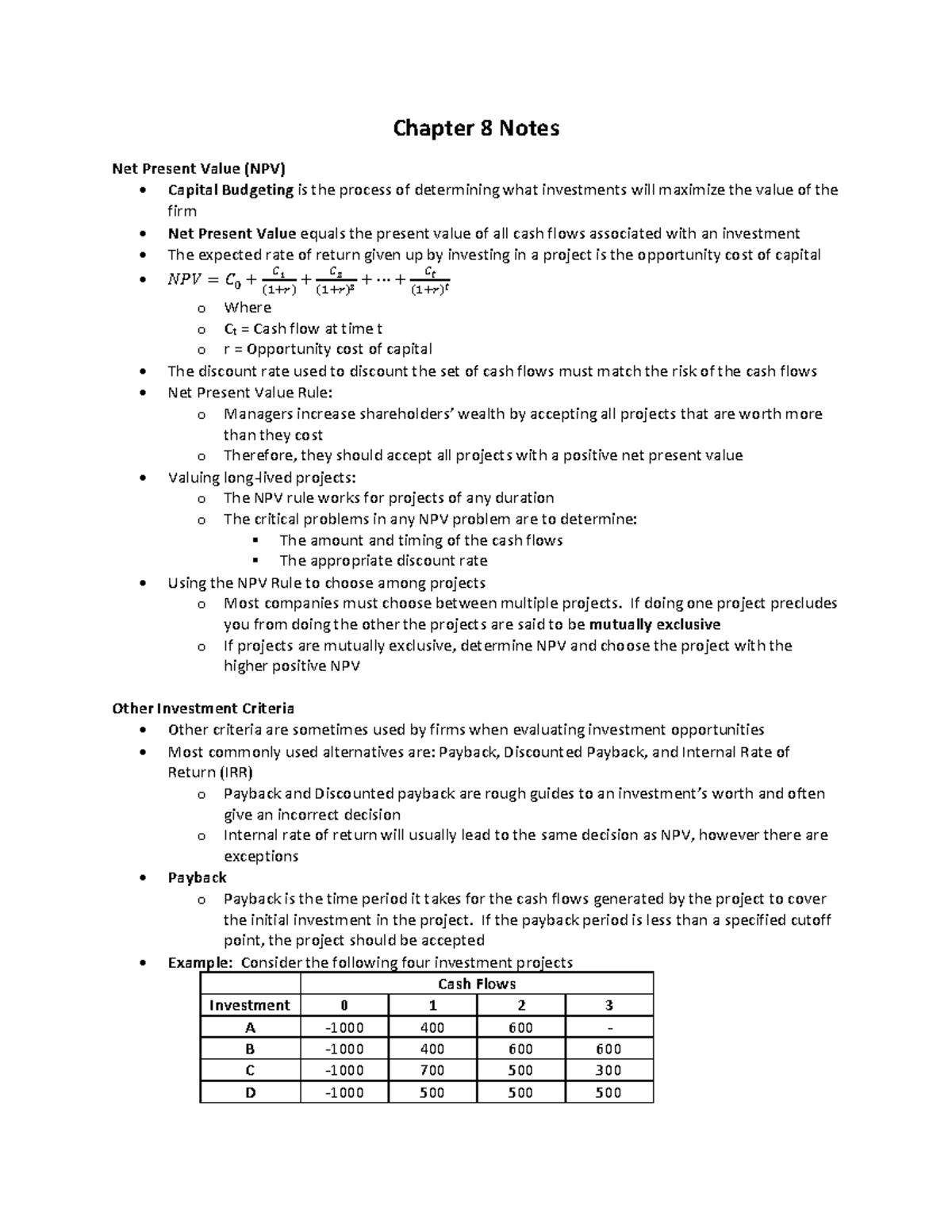 Chapter 8 Notes - Chapter 8 Notes Net Present Value (NPV) Capital ...