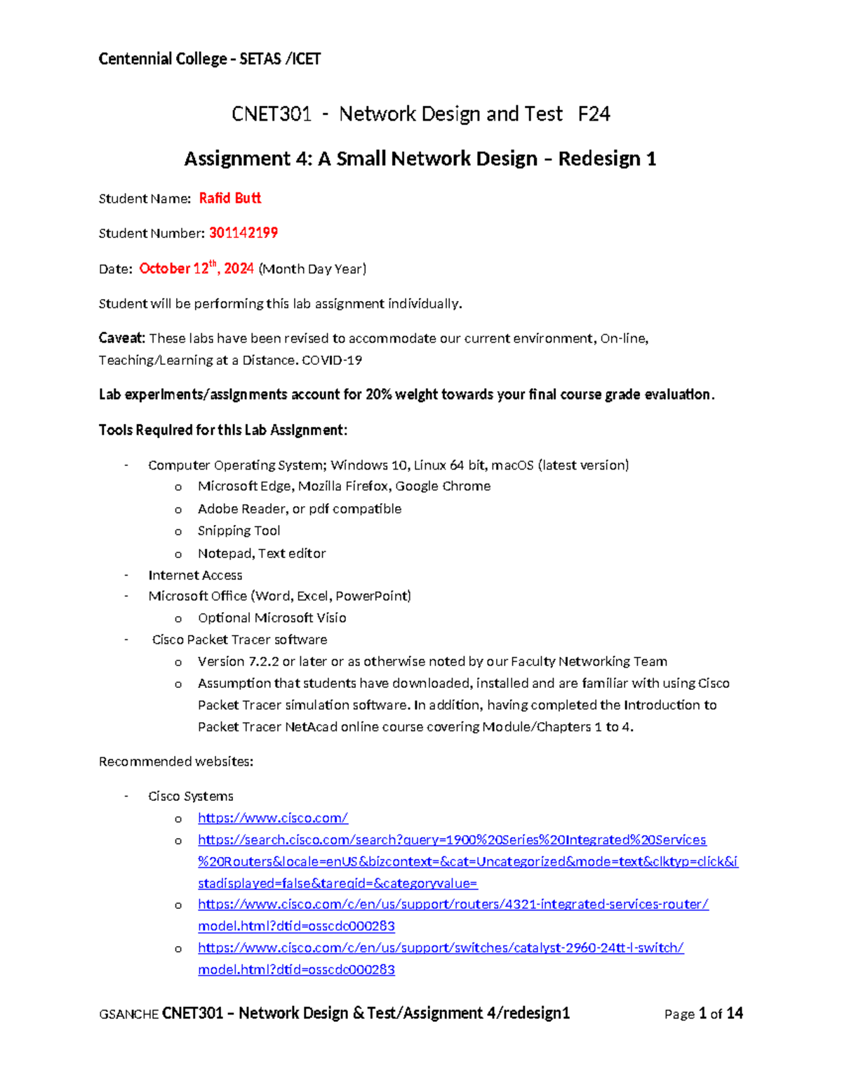 CNET301 Assignment 4 - A Small Network Design Redesign 1 - F2024 rev1 ...