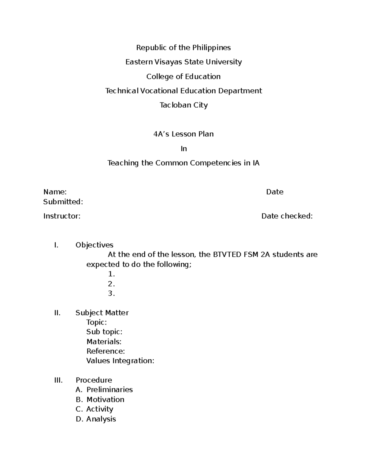 4As Lesson Plan Format - Dnoaaknznxndskoa - Republic of the Philippines ...