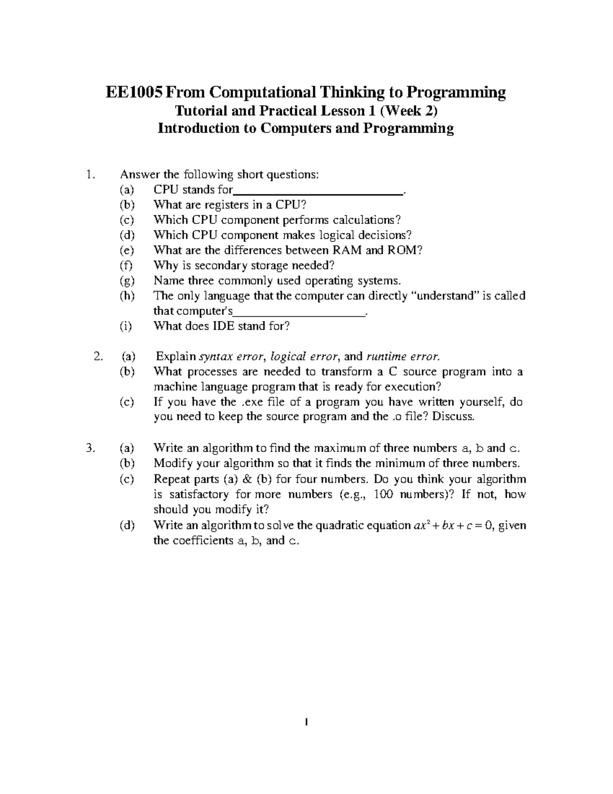 EE1005 Tutorial and Practical Exercises Part 1 for Sp Term - EE1005 From Computational Thinking ...