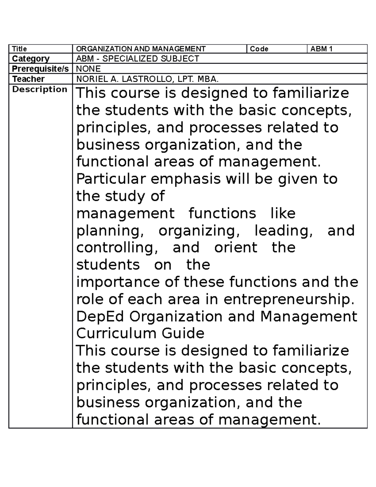 Syllabus Organization - Title ORGANIZATION AND MANAGEMENT Code ABM 1 ...