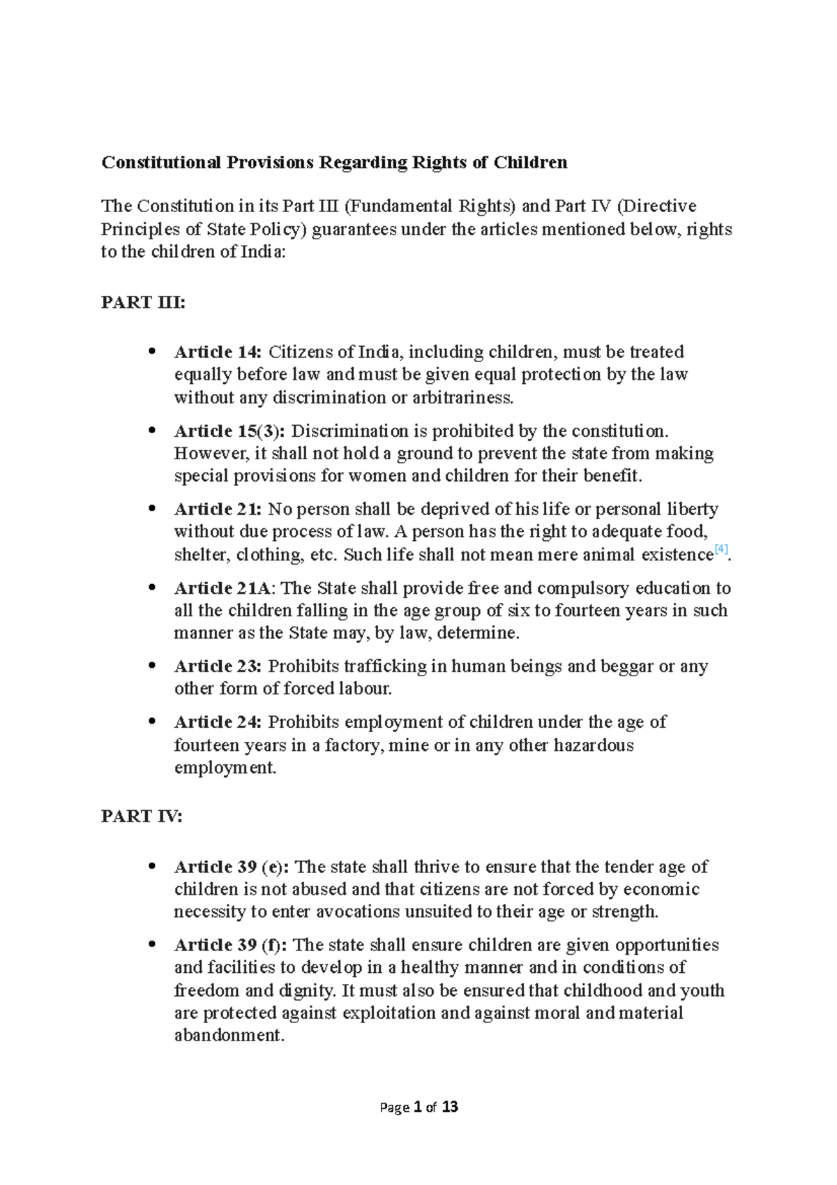 Legislation for Children - Constitutional Provisions Regarding Rights ...