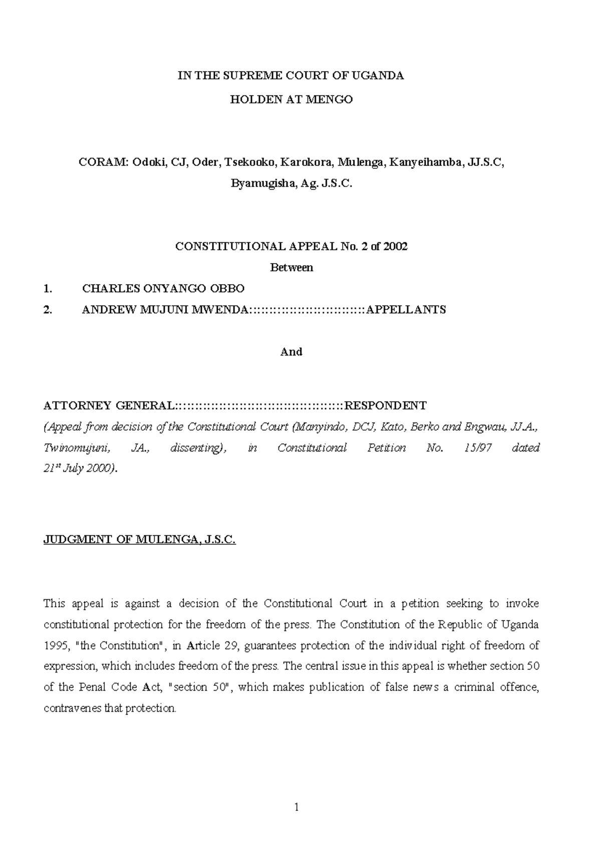 Charles Obbo v The Attorney General - IN THE SUPREME COURT OF UGANDA ...
