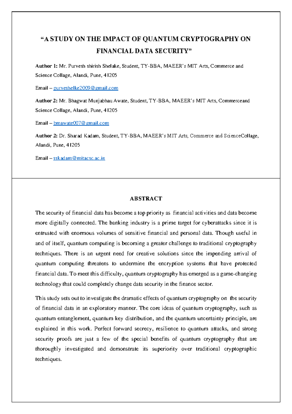 research paper-BBA - “A STUDY ON THE IMPACT OF QUANTUM CRYPTOGRAPHY ON ...