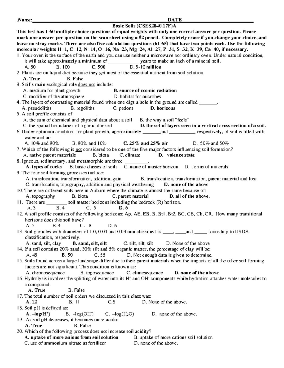 Final Study Guide for soil science - .Name