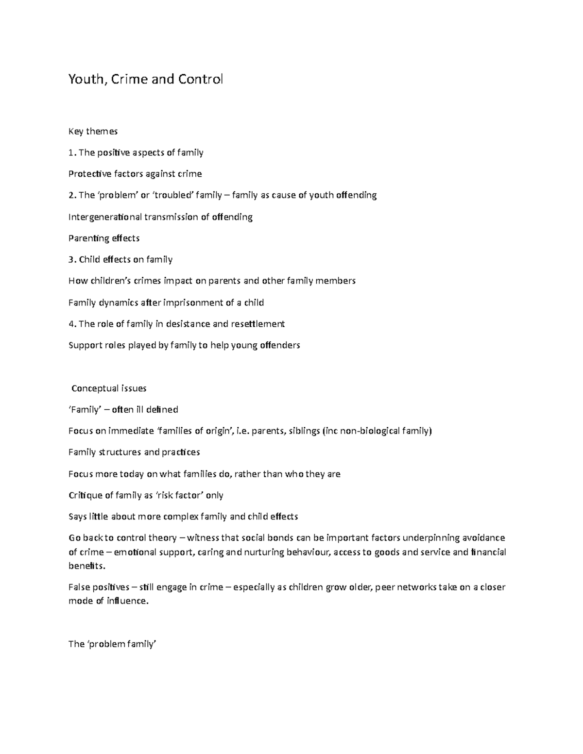 Youth, Crime and Control W6 - Youth, Crime and Control Key themes The ...