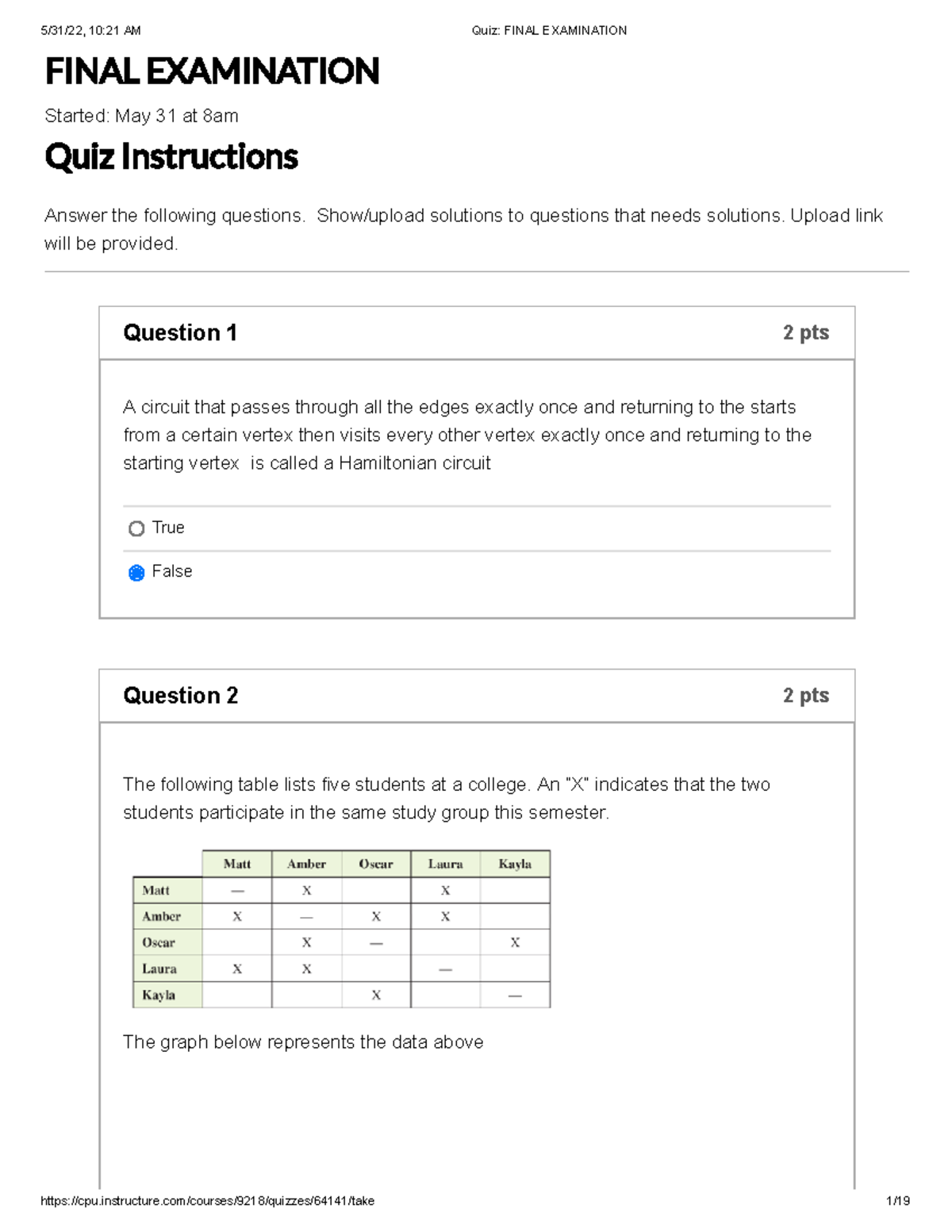 Quiz - Final- Examination - FINAL EXAMINATION Started: May 31 at 8am ...