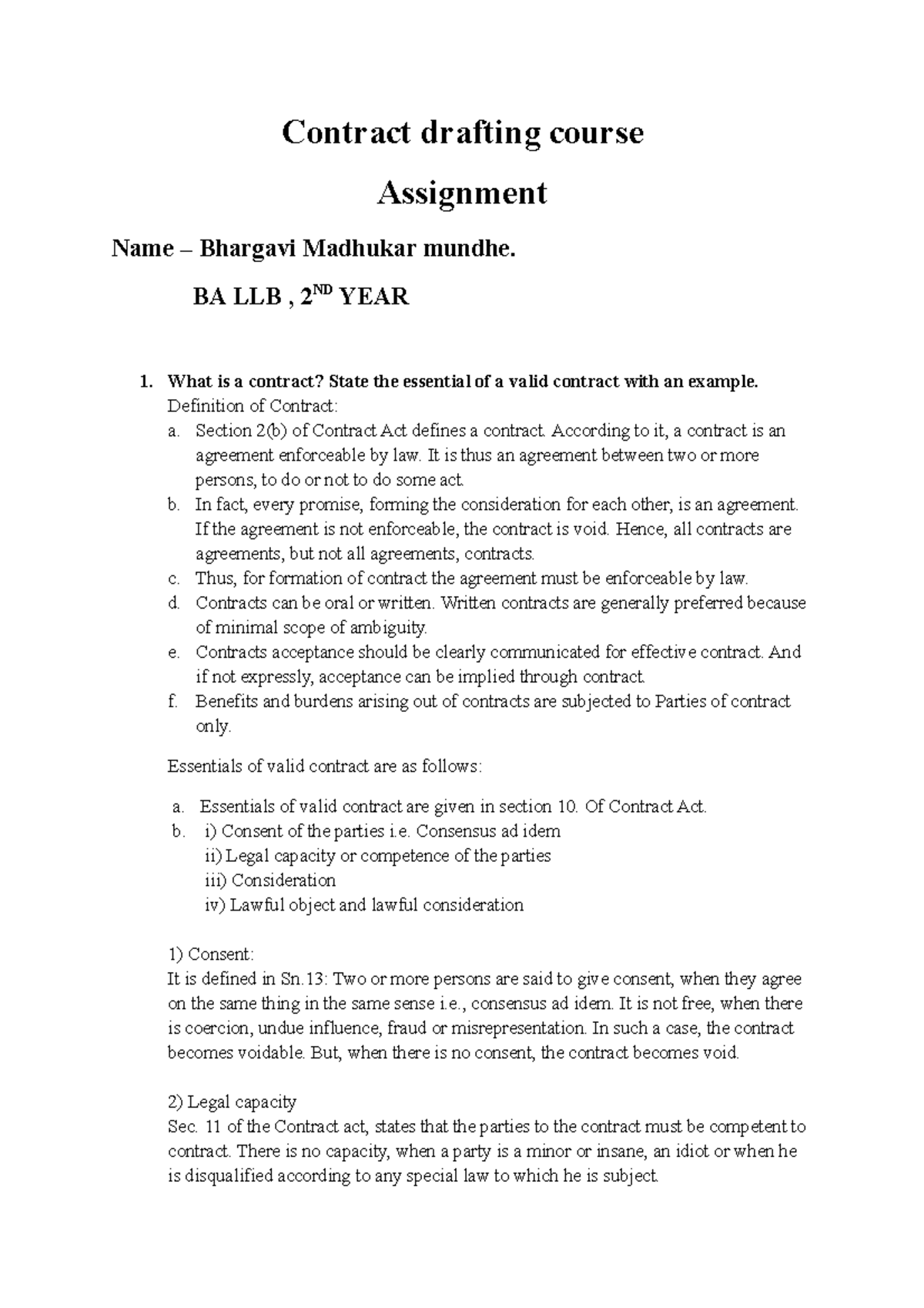 Contract drafting assignment - Contract drafting course Assignment Name ...