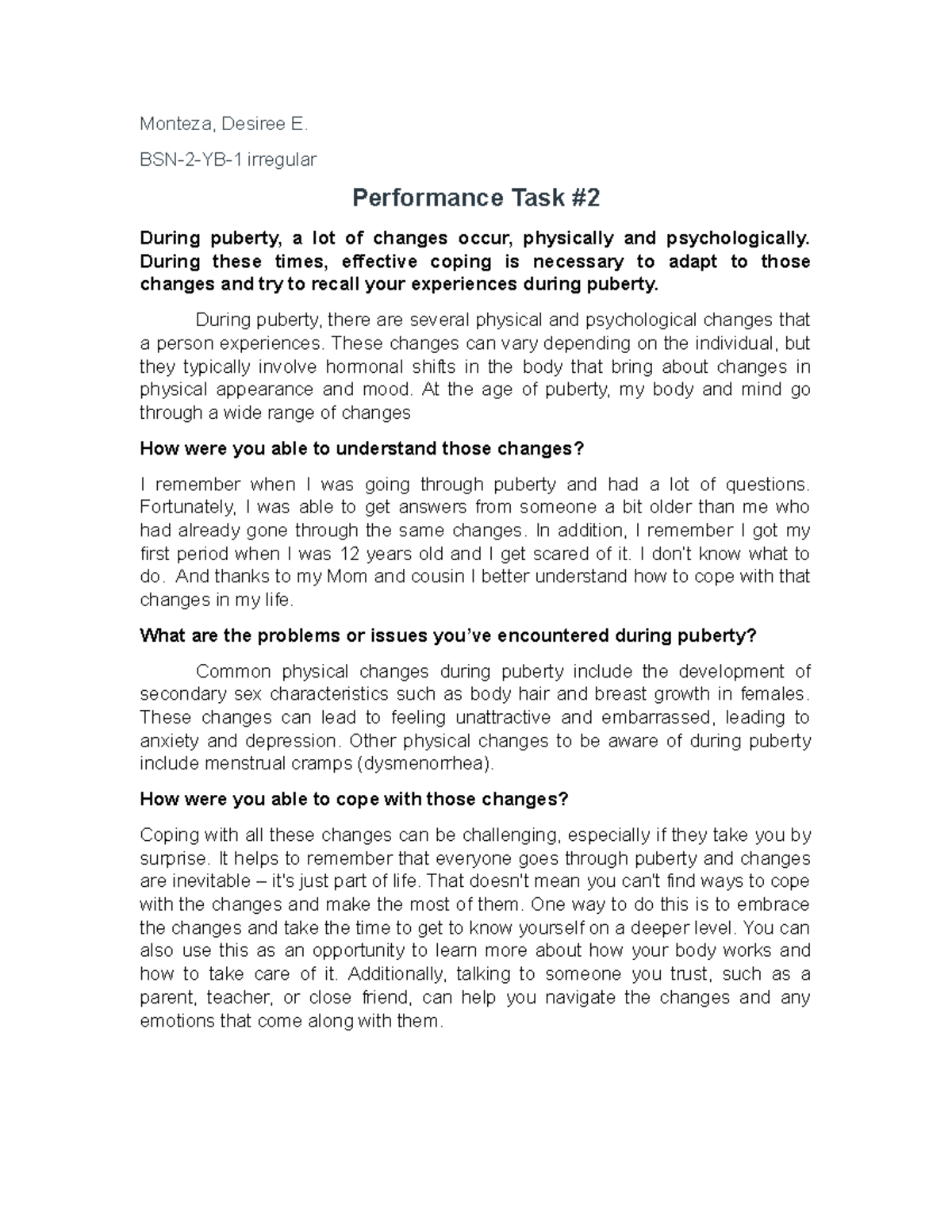 Monteza, Desiree E. Performance Task #2 - Monteza, Desiree E. BSN-2-YB ...