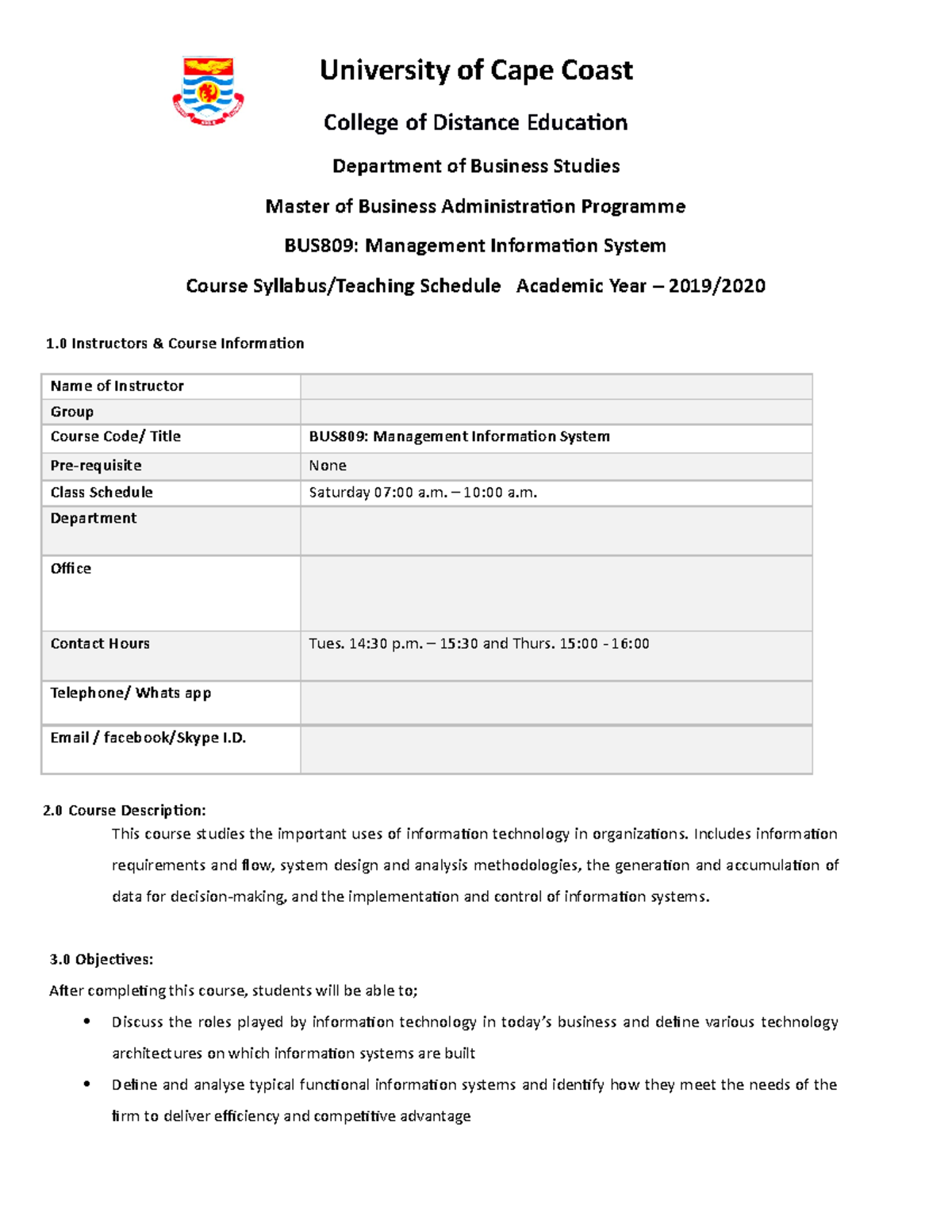 BUS809 MIS 2021 course outline - Management information systems - UCC ...