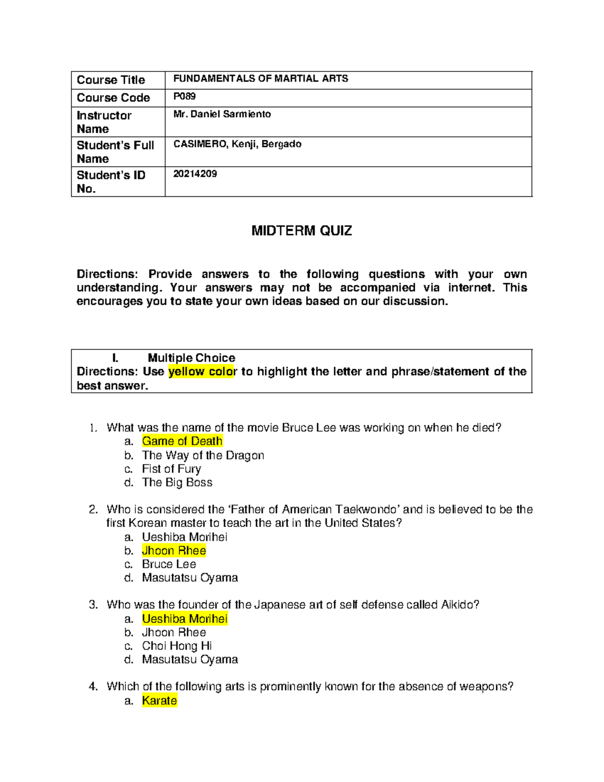 PHED 1 Midterm QUIZ - quiiz - MIDTERM QUIZ Directions: Provide answers to the following ...