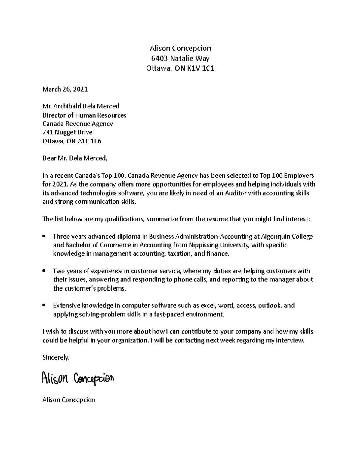 Indirect Letter Assignment - Alison Concepcion 6403 Natalie Way Ottawa ...