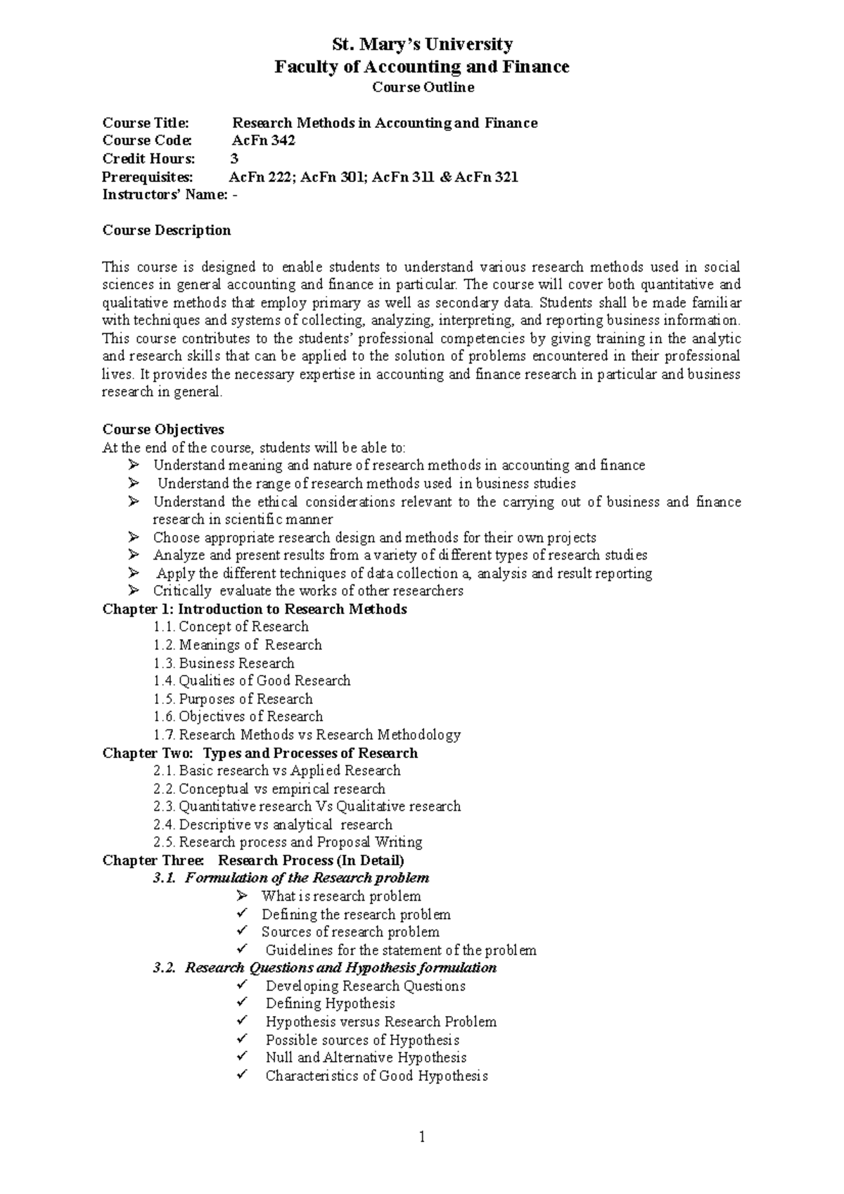 Resarch method Course Outline - St. Mary’s University Faculty of ...