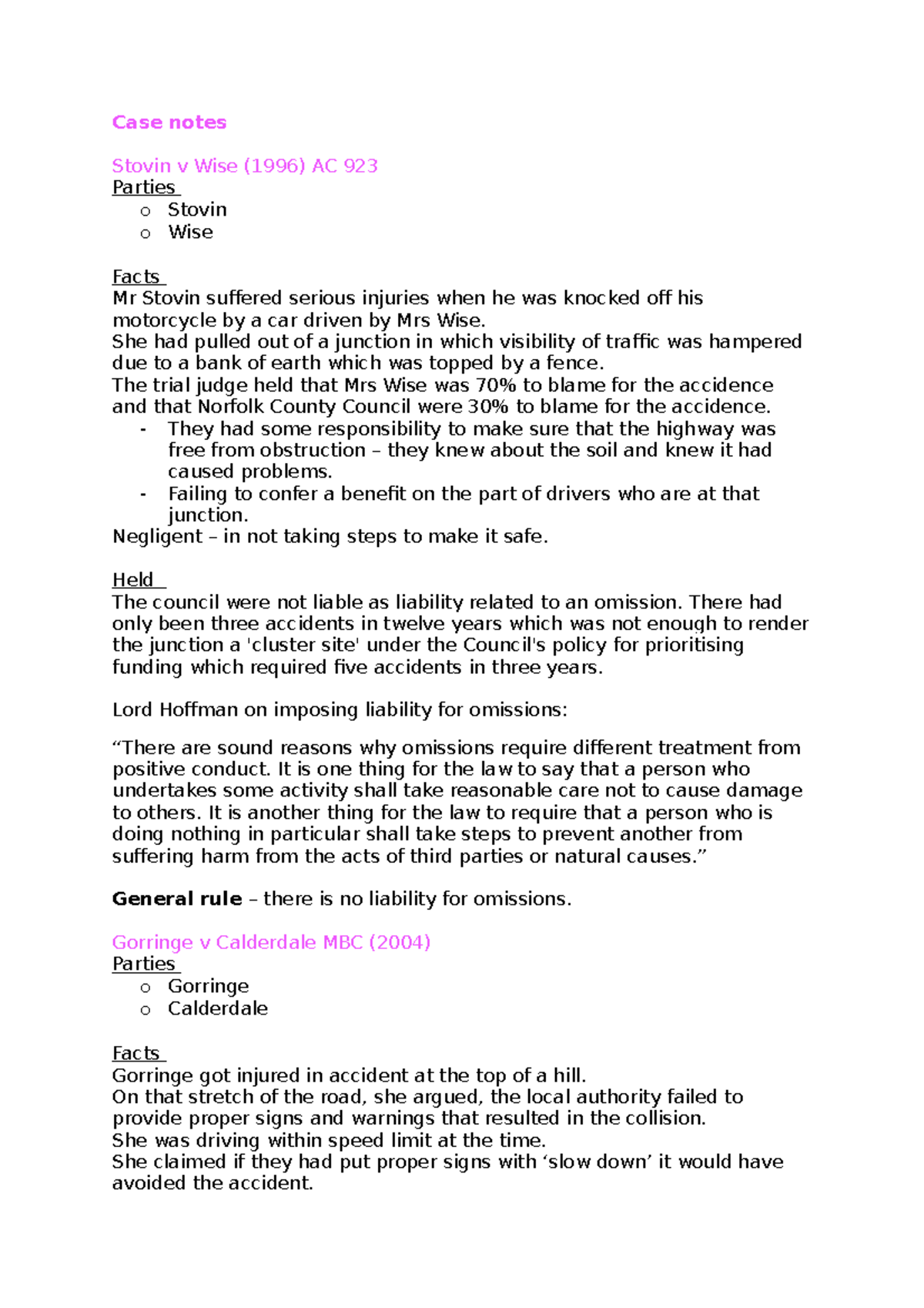 Ommissions and Third party liability - Case notes Stovin v Wise (1996 ...