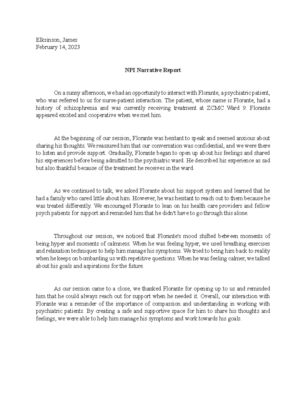 Elkinson NPI narrative report - Elksinson, James February 14, 2023 NPI ...