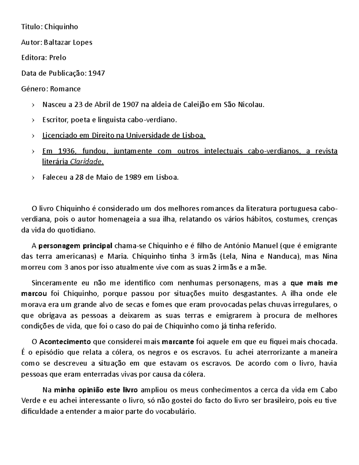 Titulo - th57 - Titulo: Chiquinho Autor: Baltazar Lopes Editora: Prelo ...