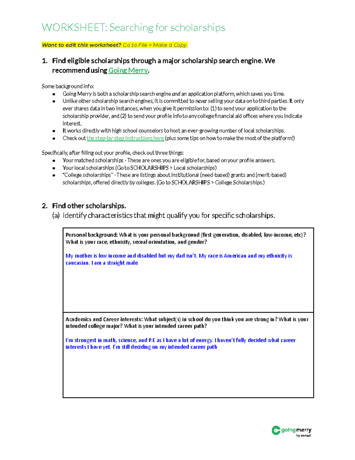 Copy of Worksheet Searching for Scholarships - Want to edit this ...