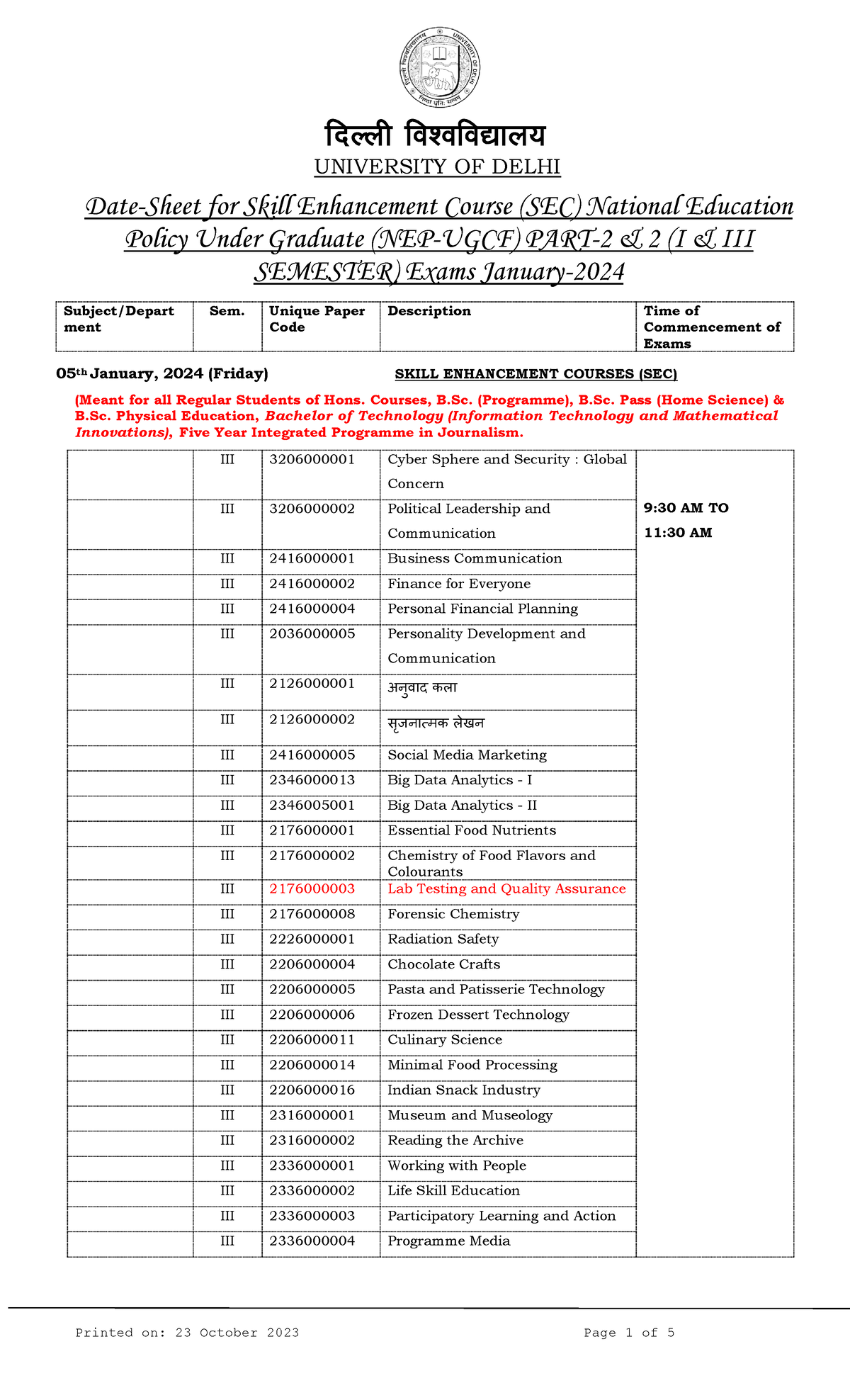 2023-10-23-NEP-SEC Paper Sem. III-I - fnYyh fo’ofo|ky; UNIVERSITY OF ...