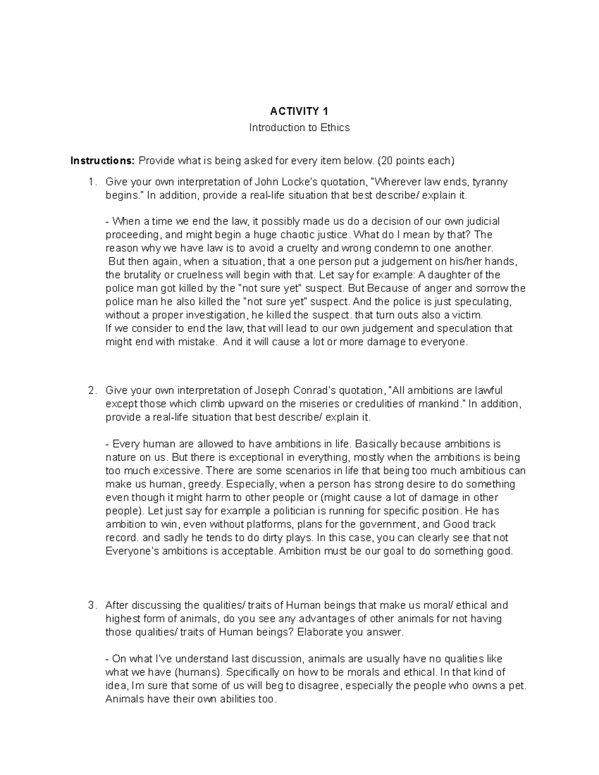 Activity 1-Introduction to Ethics - ACTIVITY 1 Introduction to Ethics ...