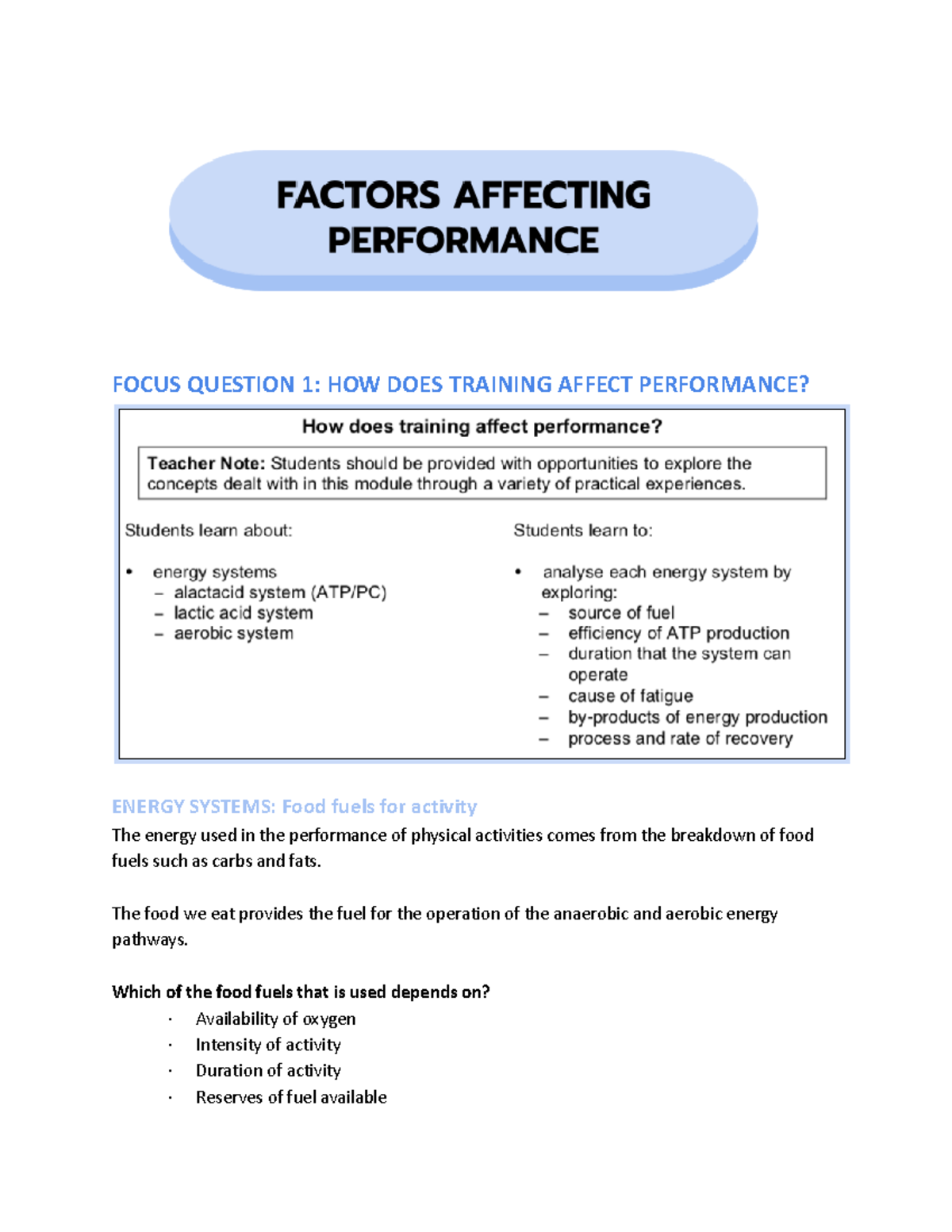 PDHPE- Factor's affecting performance - FOCUS QUESTION 1: HOW DOES ...